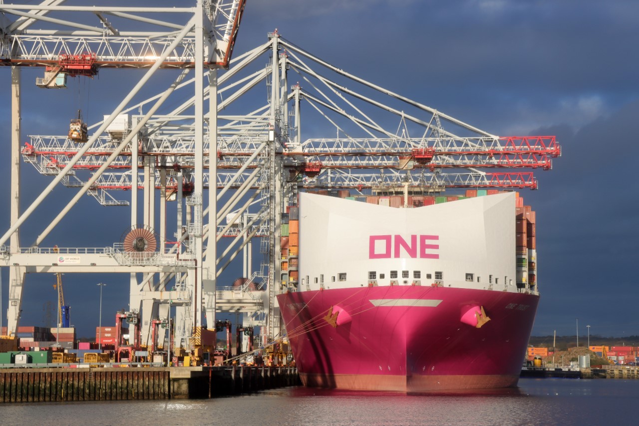 Ocean Network Express' vessel, ONE Trust, docked at Southampton